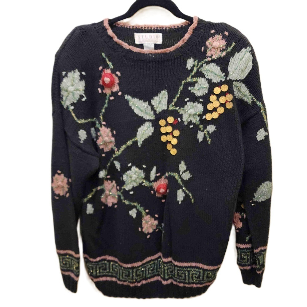 Vintage Michelle Stuart Black Floral Embroidered Char… - Gem